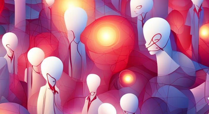 red abstract background, people with light bulbs in various colors and ...