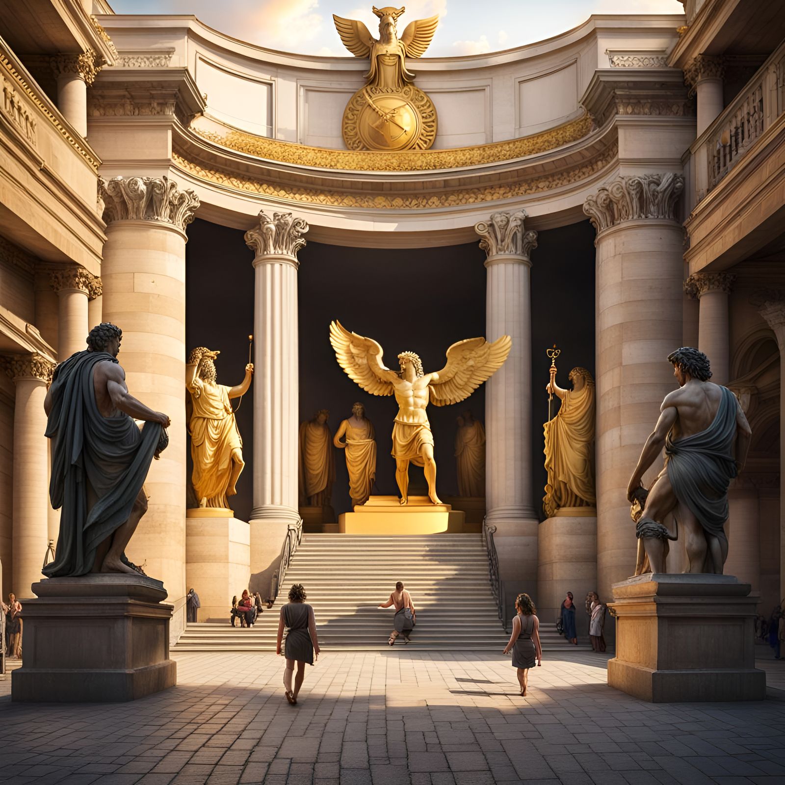 Grand entrance to a Roman senate with a Huge gold statue of zeus and ...