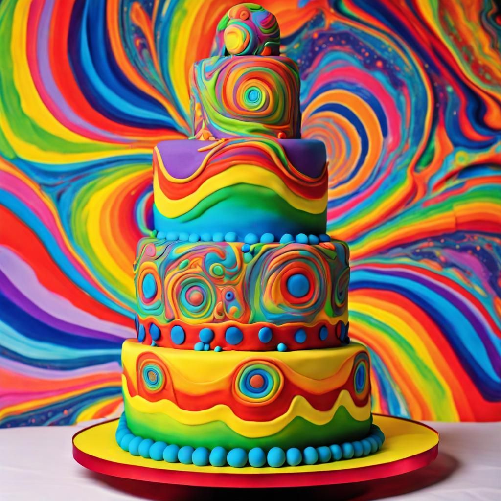 Photorealistic psychedelic Hippy wedding cake in the style of Peter Max ...