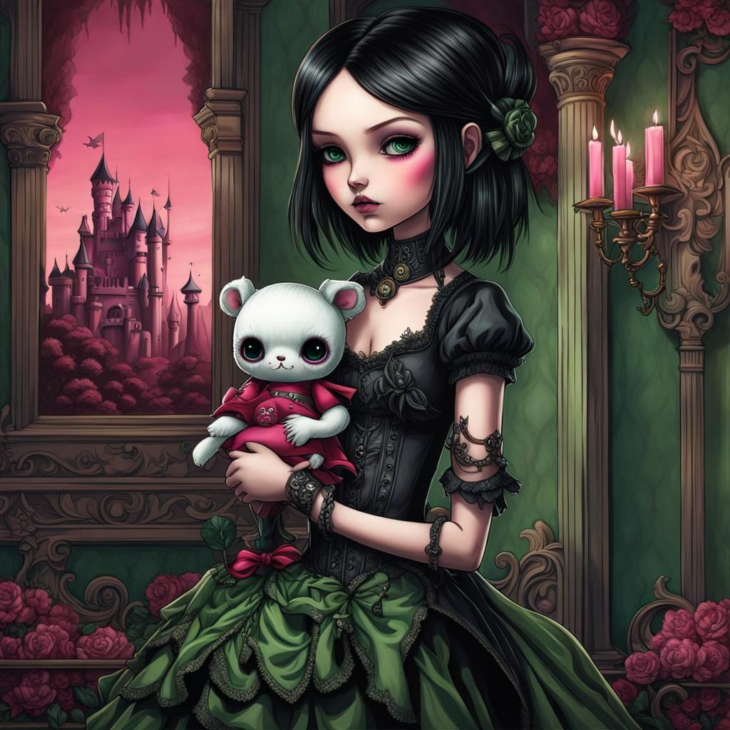 An adorable chibi pouty goth punk mischievous girl with huge detailed ...