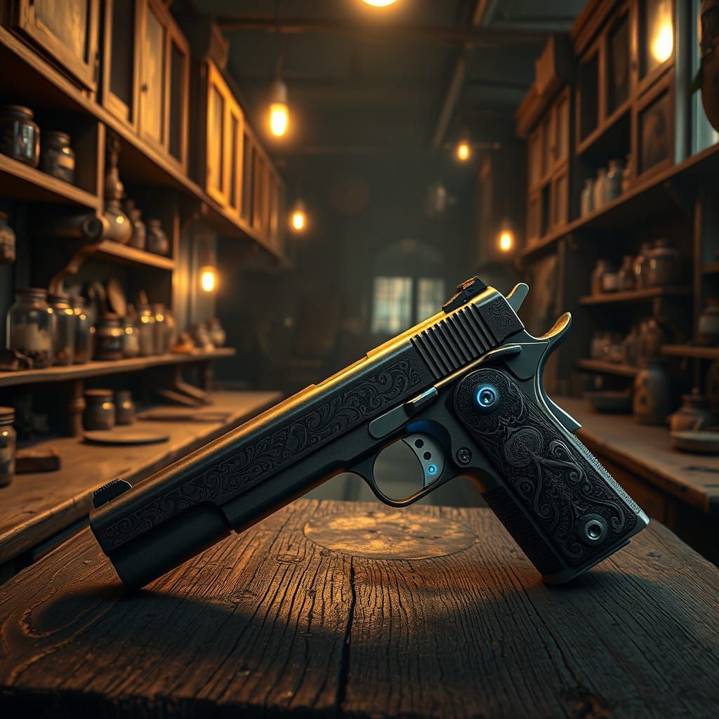 Majestic Custom 1911 Pistol in Old-World Gun Shop - AI Art