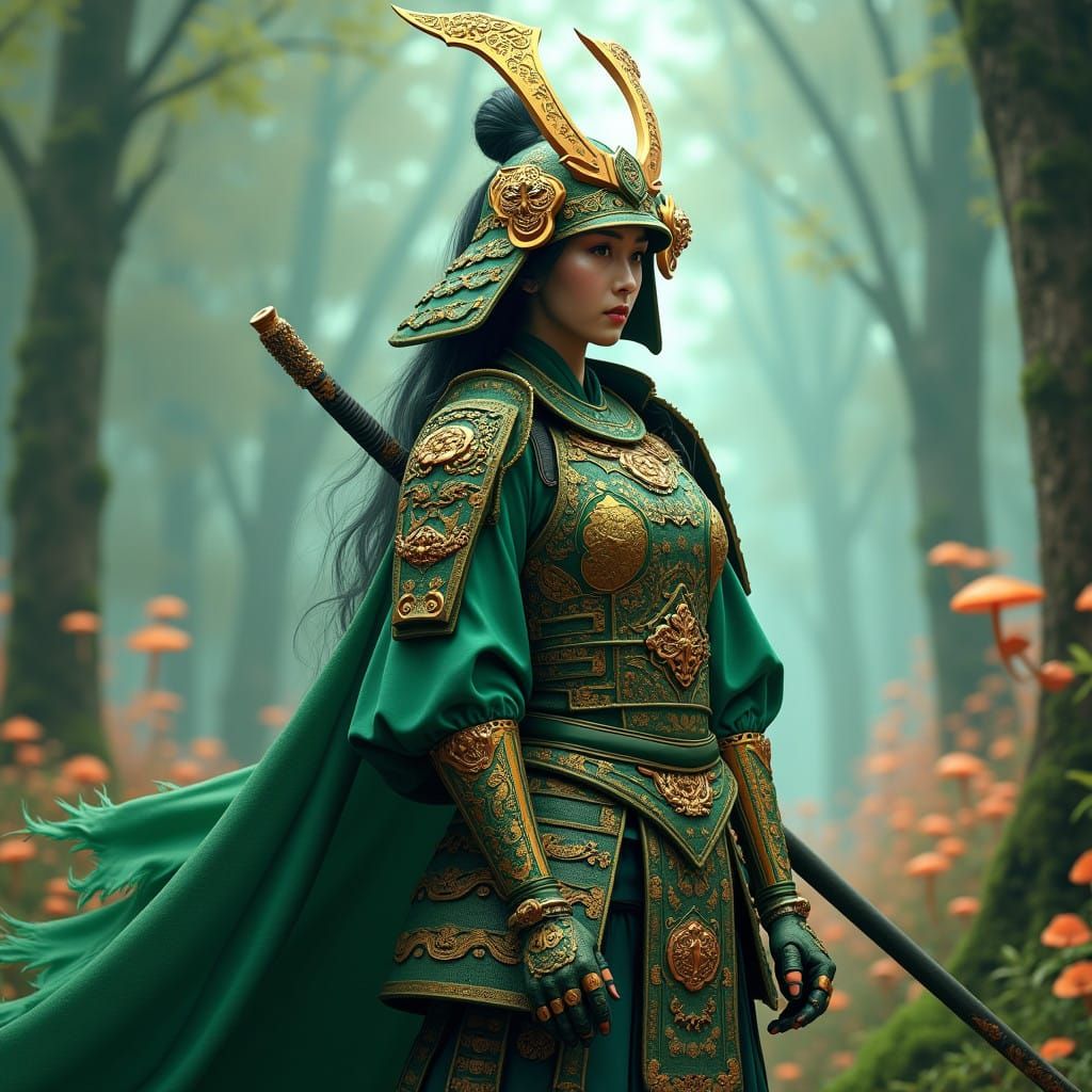 Ethereal Samurai Warrior in Vibrant Green and Gold... - AI Art