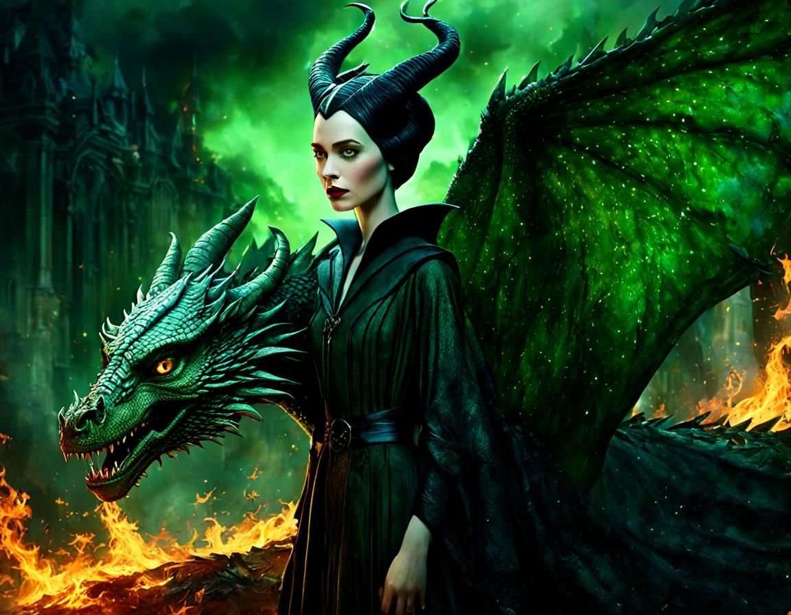 disney's Maleficent with her dragon behind her, sounded by green flames ...