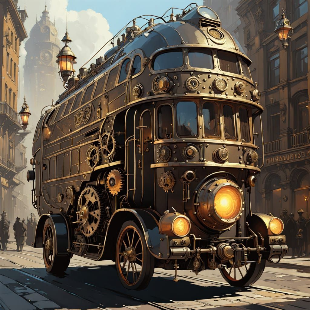 Gleaming gold and black steampunk tour bus, intricate gears and cogs ...