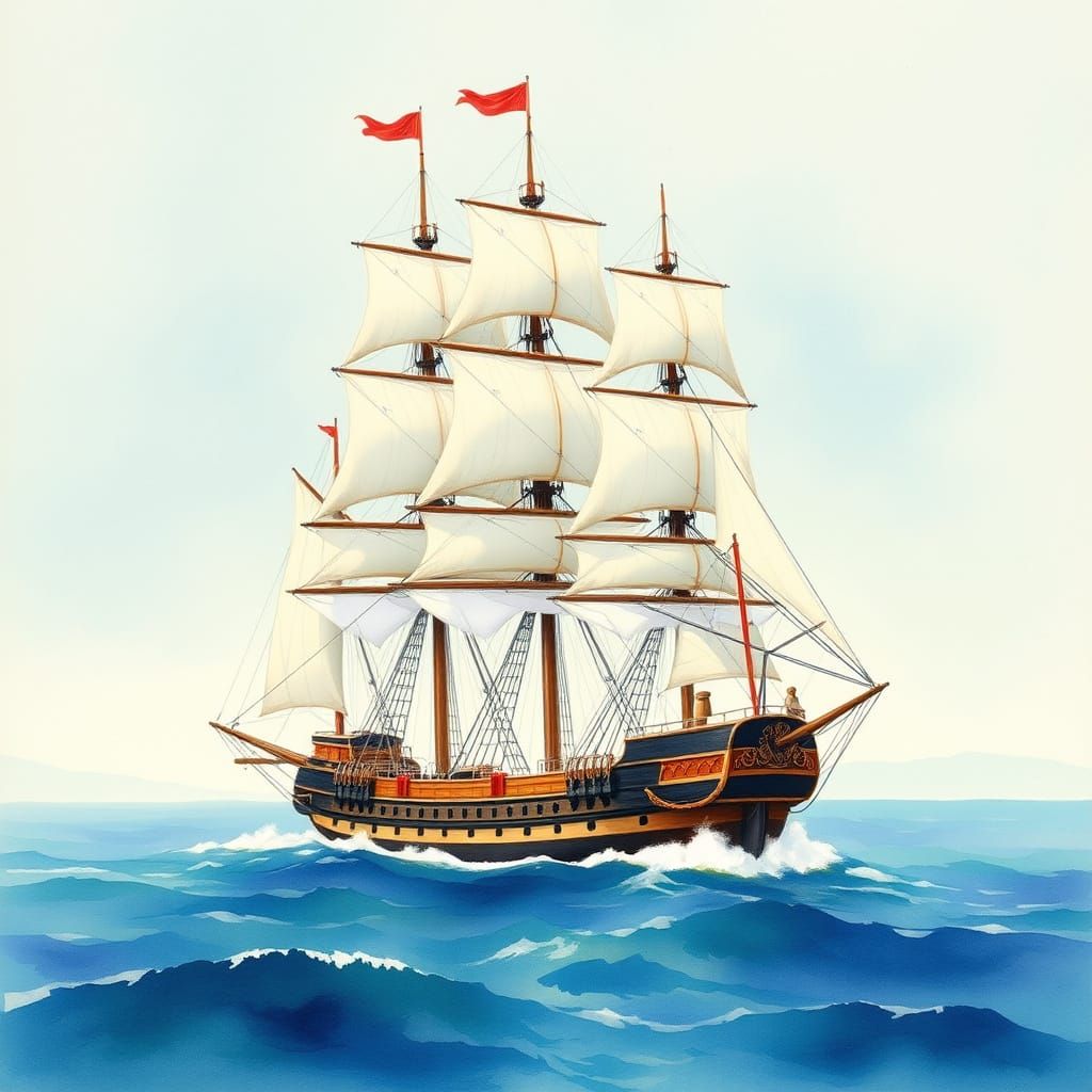 ship - Ethereal Tall Ship Sails Across Dreamy Watercolor Se...