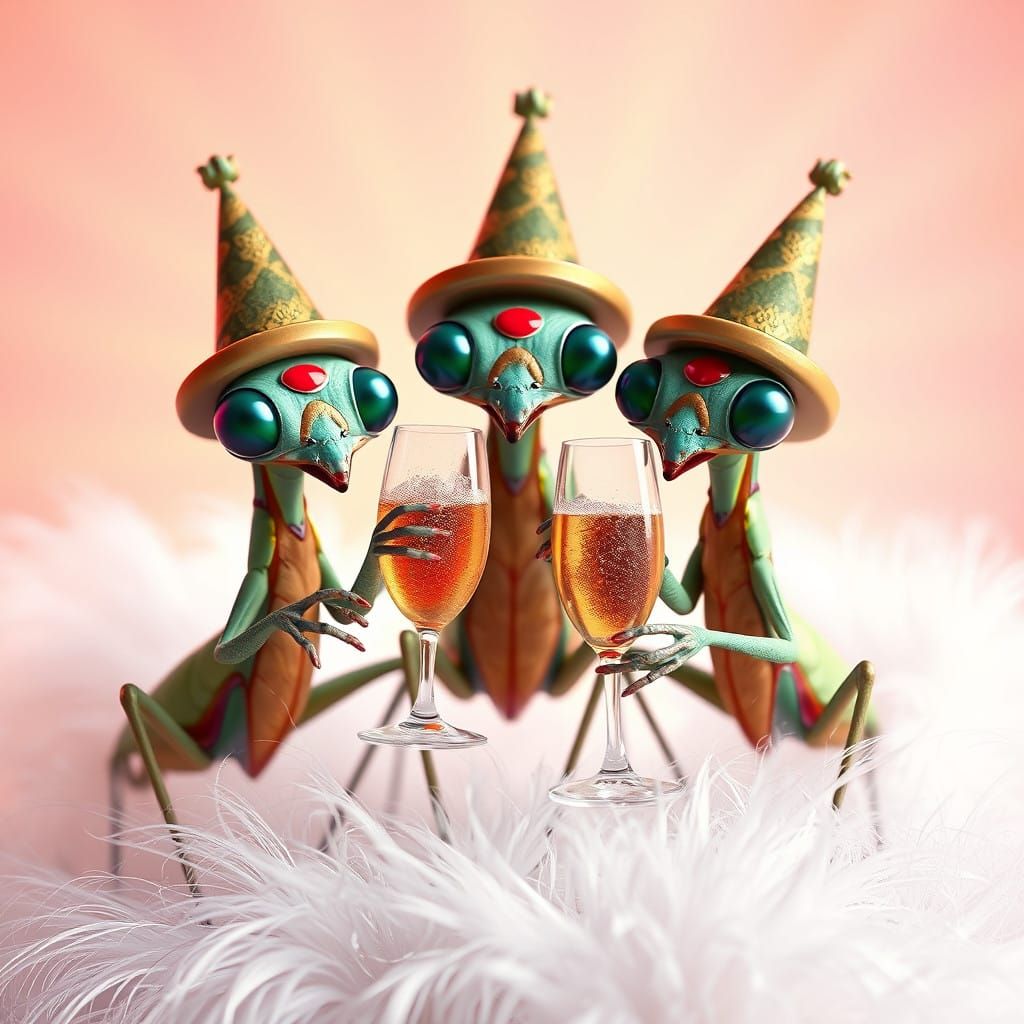 Whimsical depiction of 3 cute mantis-based aliens celebrating New Years eve