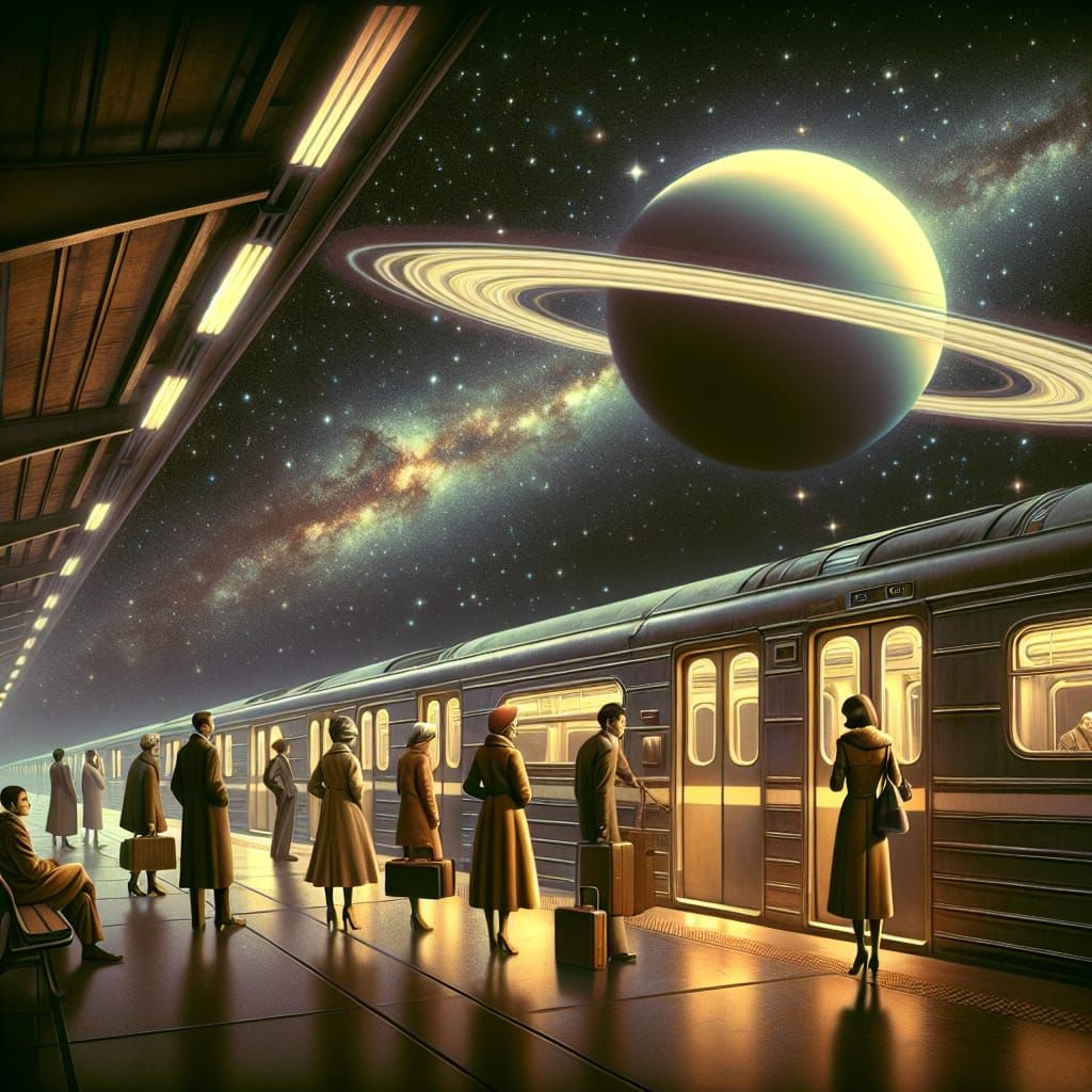 Surreal Train Station Under Starry Skies in Mid-Ce... - AI Art