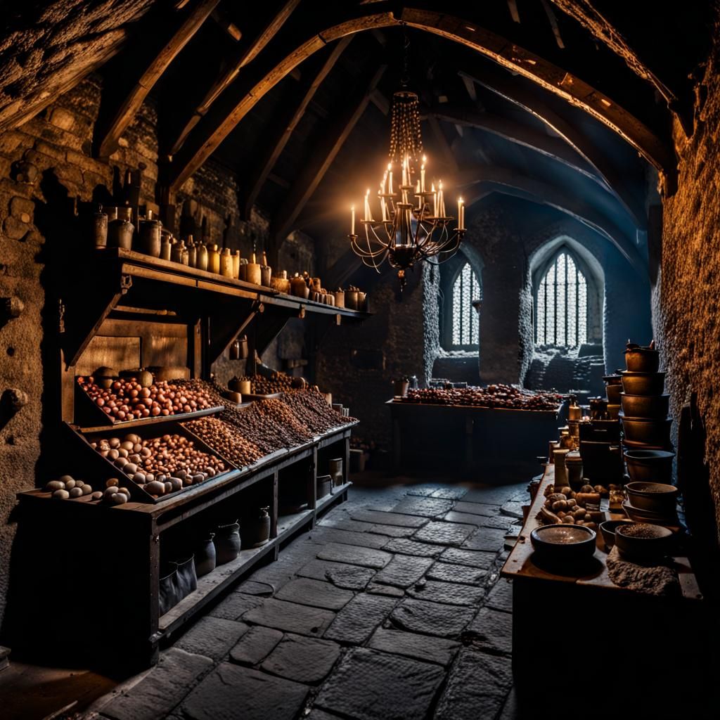 Inside haunted medieval castle keep, witches market stalls selling ...