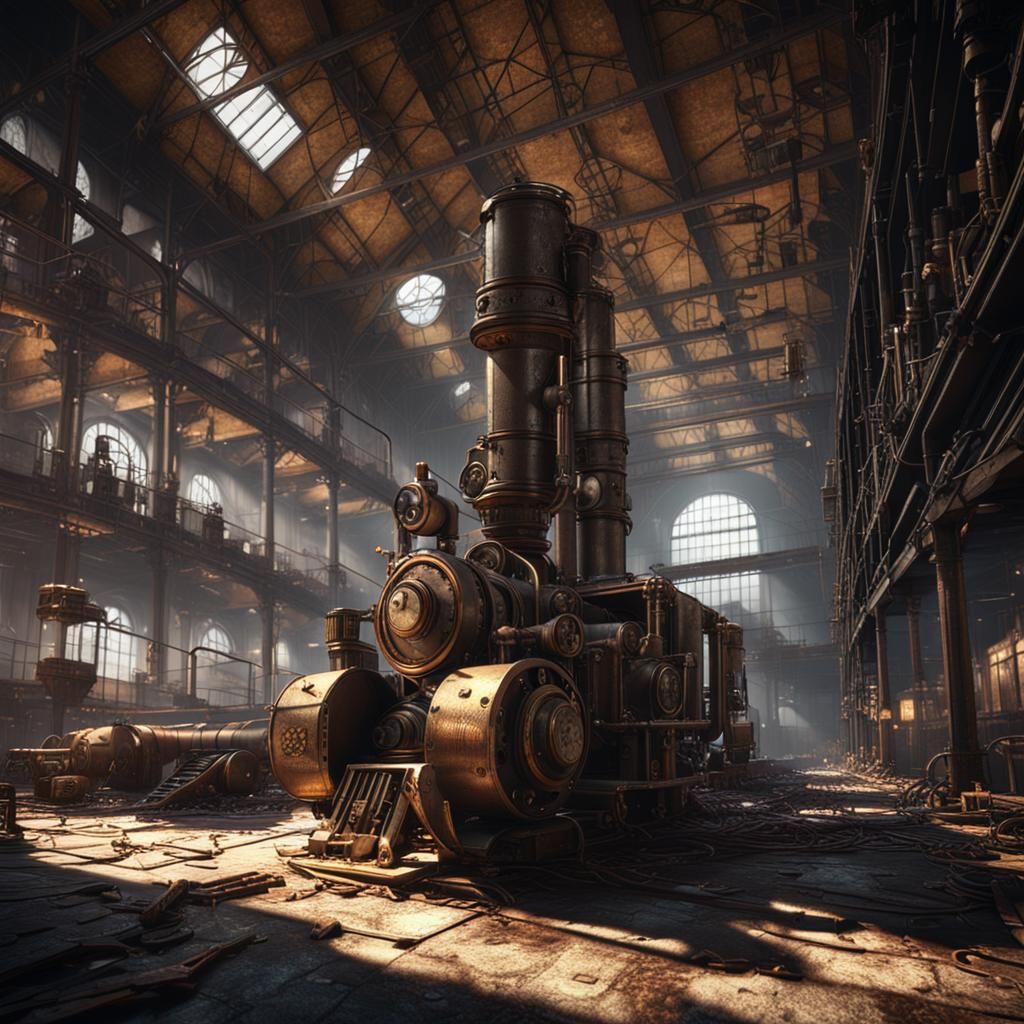 dim lit and abandoned large factory hall. some machinery. 4k. steampunk ...