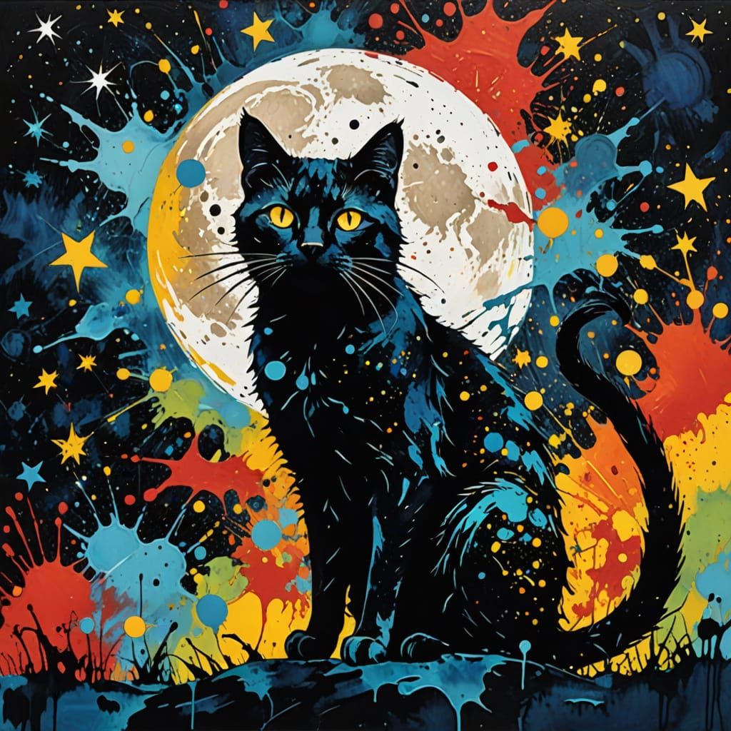 Cat - Abstract Expressionist Cat Silhouette Under Moonlight