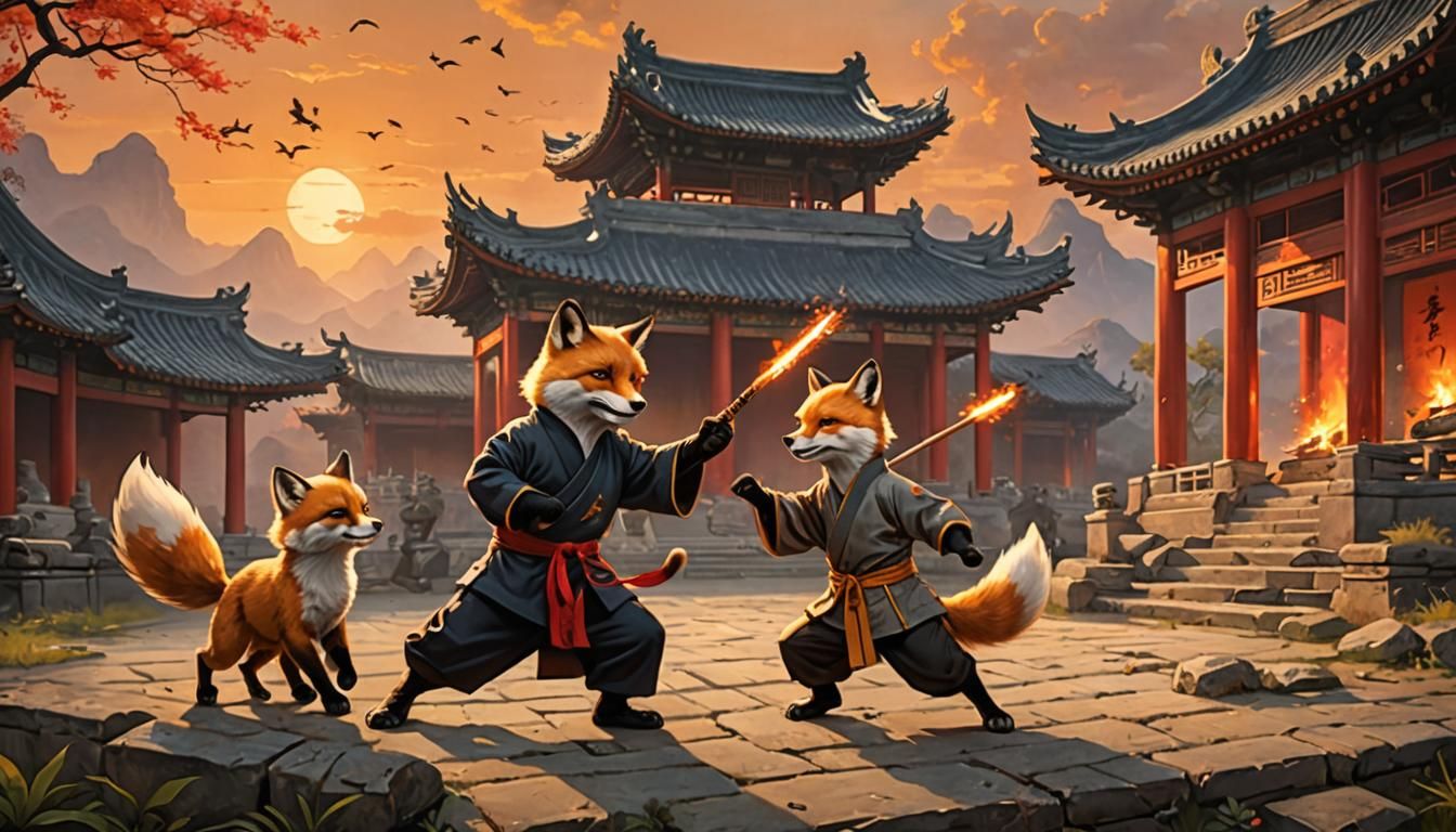 Kung-Fu lesson : Master Fox and young Apprentice Fox pup practicing ...