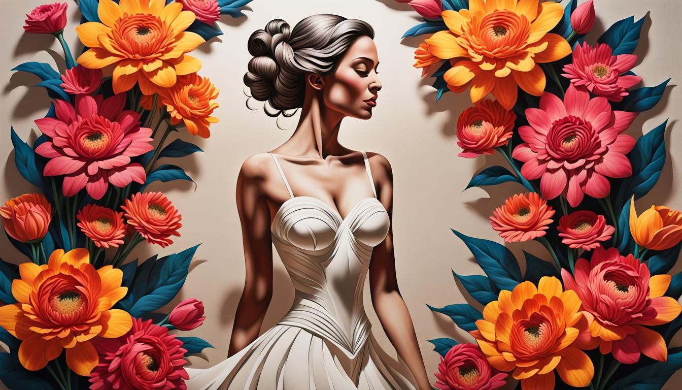 optical illusion art piece featuring a mesmerizing interplay between a bouquet of vivid flowers ...