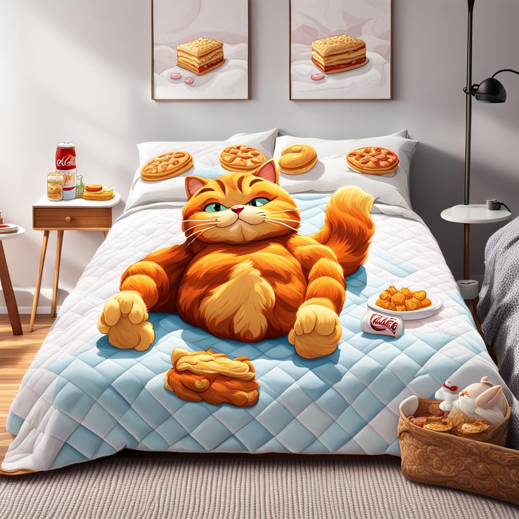 A picture of an adorable quilted Garfield cat lying on a quilted bed ...