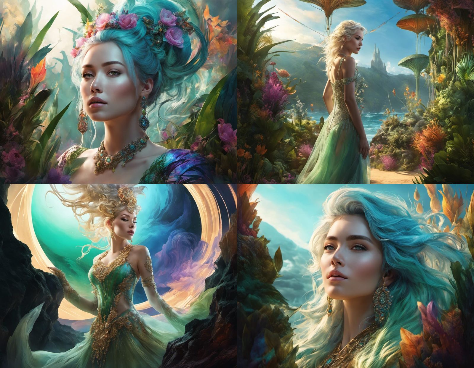 Portrait of an iridescent beautiful green-haired mermaid in an otherworldly sea intricate ...