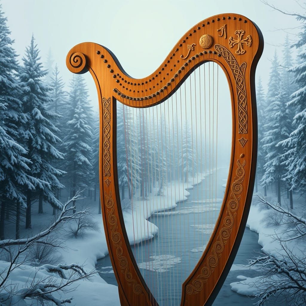 Majestic Ancient Irish Harp in Snowy Pine Forest - AI Art