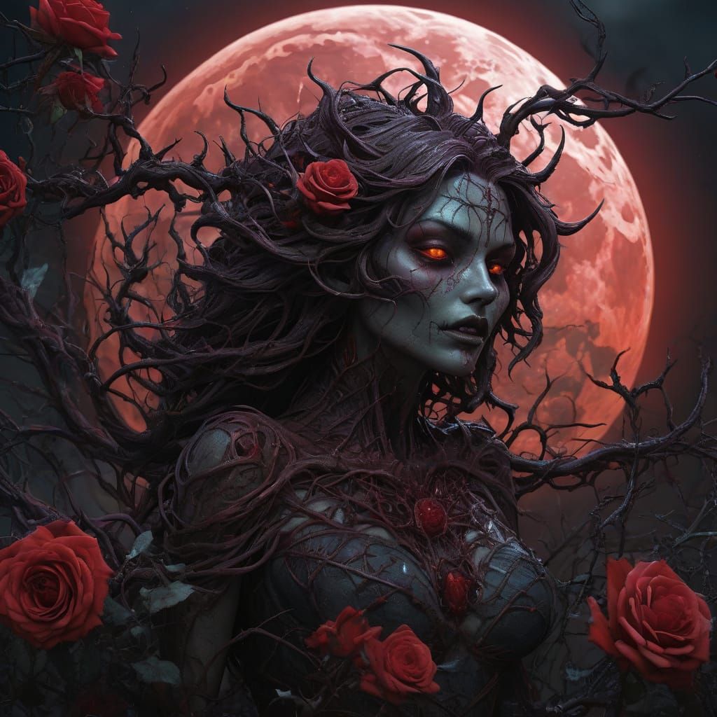 Demonic rose under blood moon - Surreal Dark Fantasy Rose Bl...