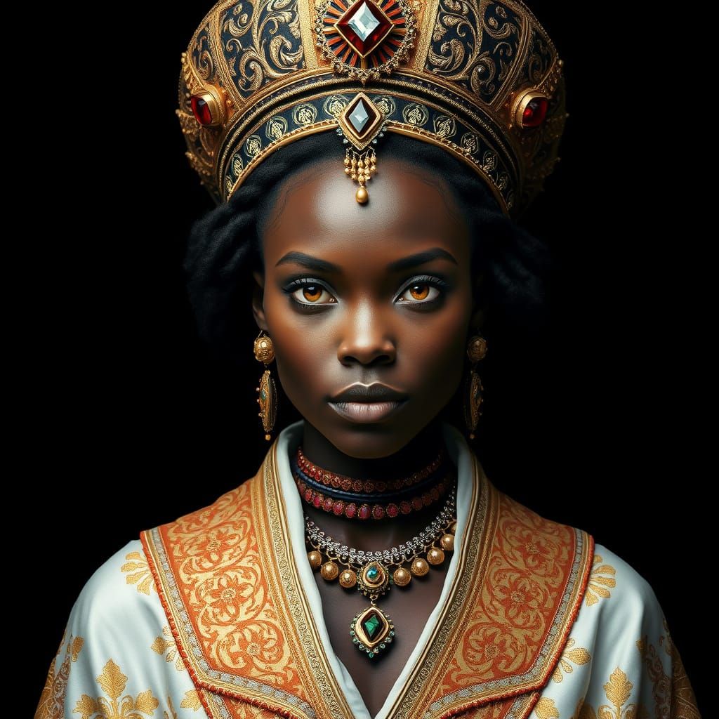 African Queen in Golden Regalia with Amber Eyes - AI Art