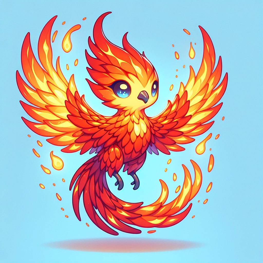 Chibi Phoenix bird made of living flames. On a blue background