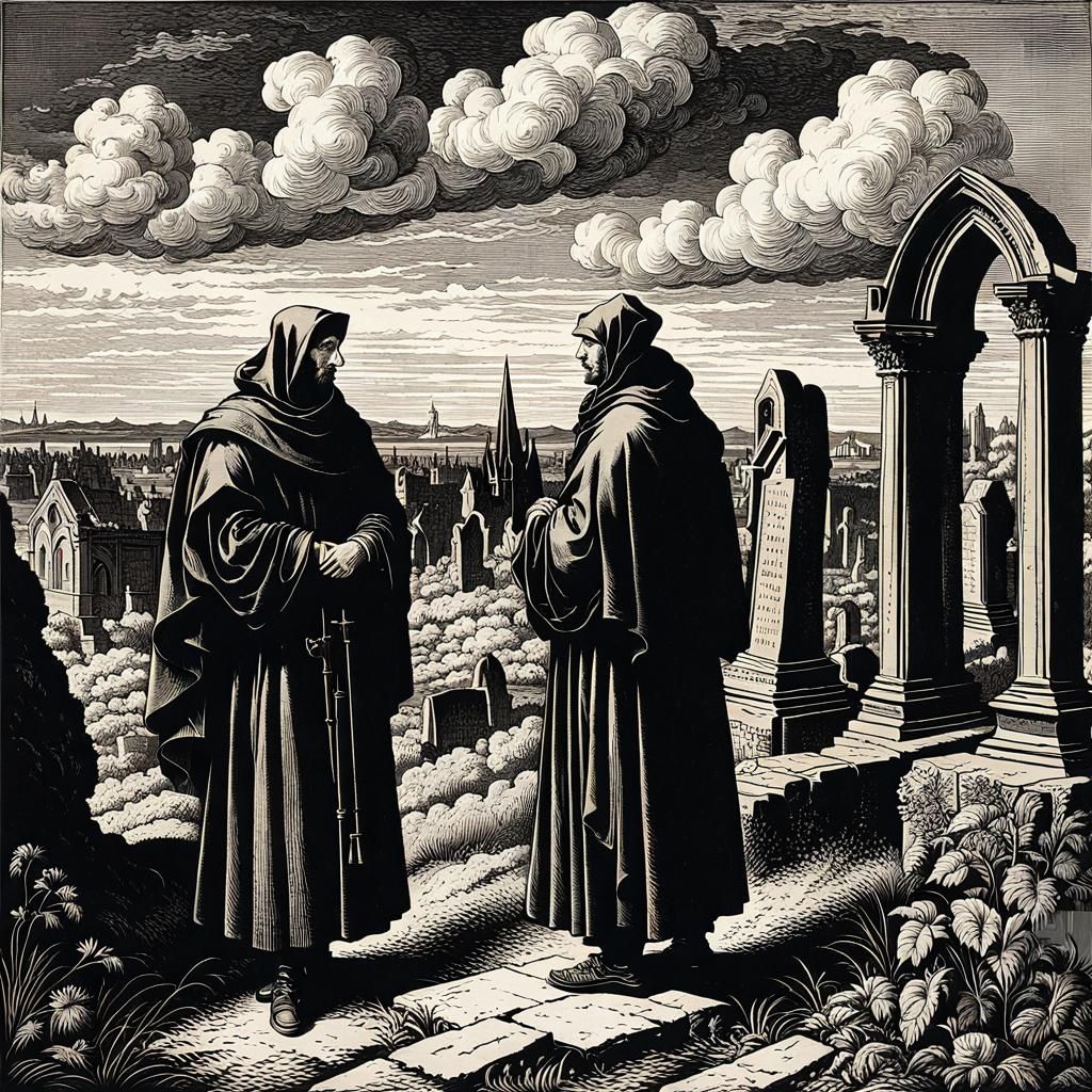 Two medieval monks in the ruins of an ancient cemetery, dramatic clouds ...