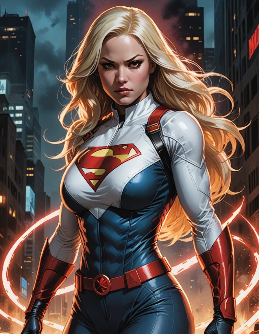 Blonde Power Girl Poses Heroically in Iconic White... - AI Art