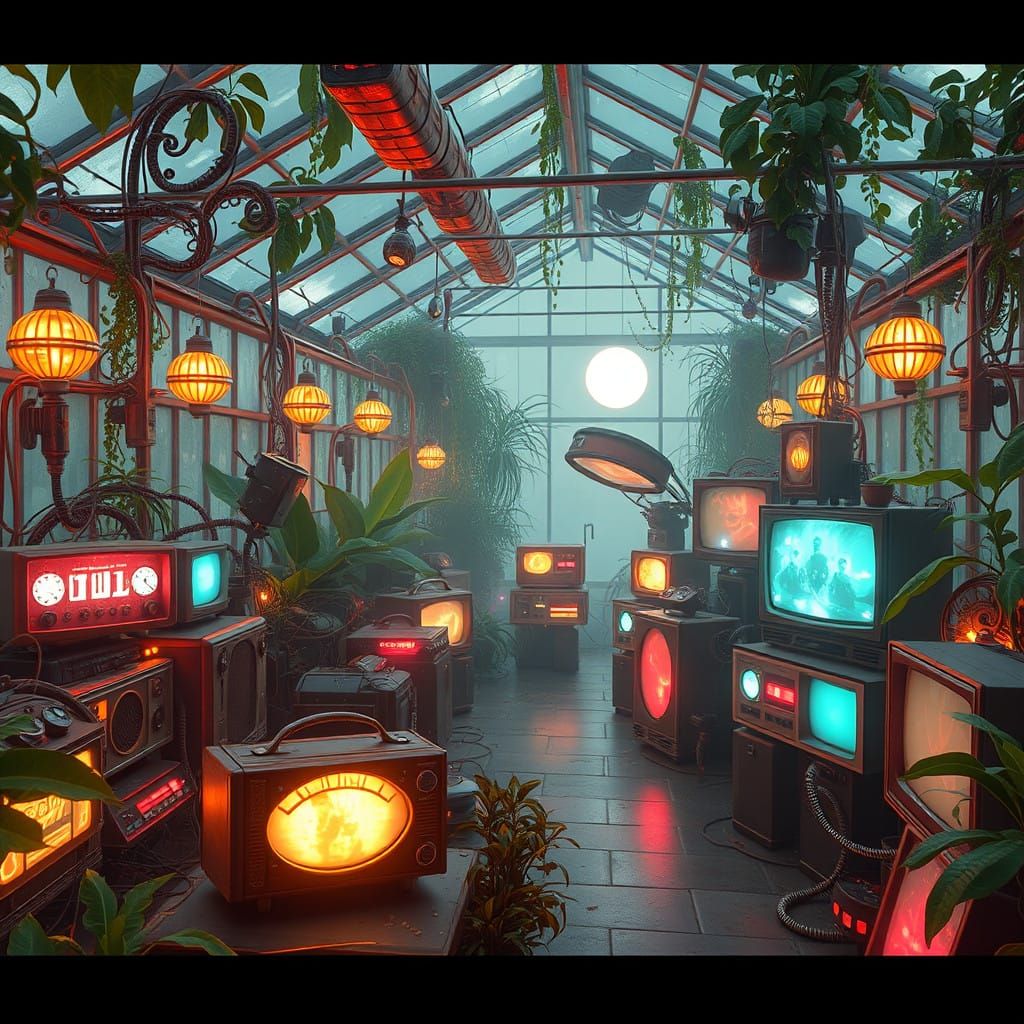 Futuristic gadgets with a vintage twist, like glowing radios, tv's and ...