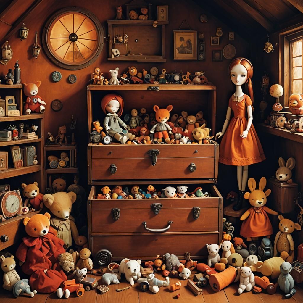 Imagine a doll sitting in an open wooden toys chest overflowing with ...