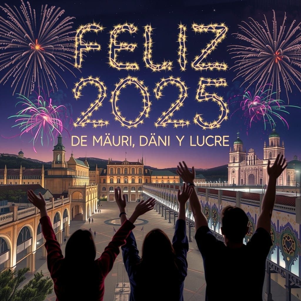 Two Women and a Man Watch Vibrant Fireworks Displa... - AI Art