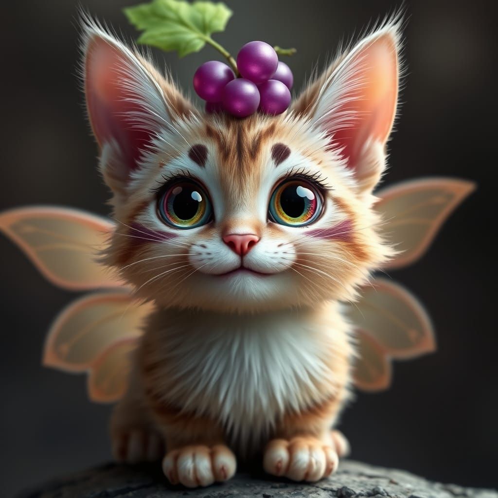 Grape Cat with Fairy Wings and Enchanted Smile - AI Art