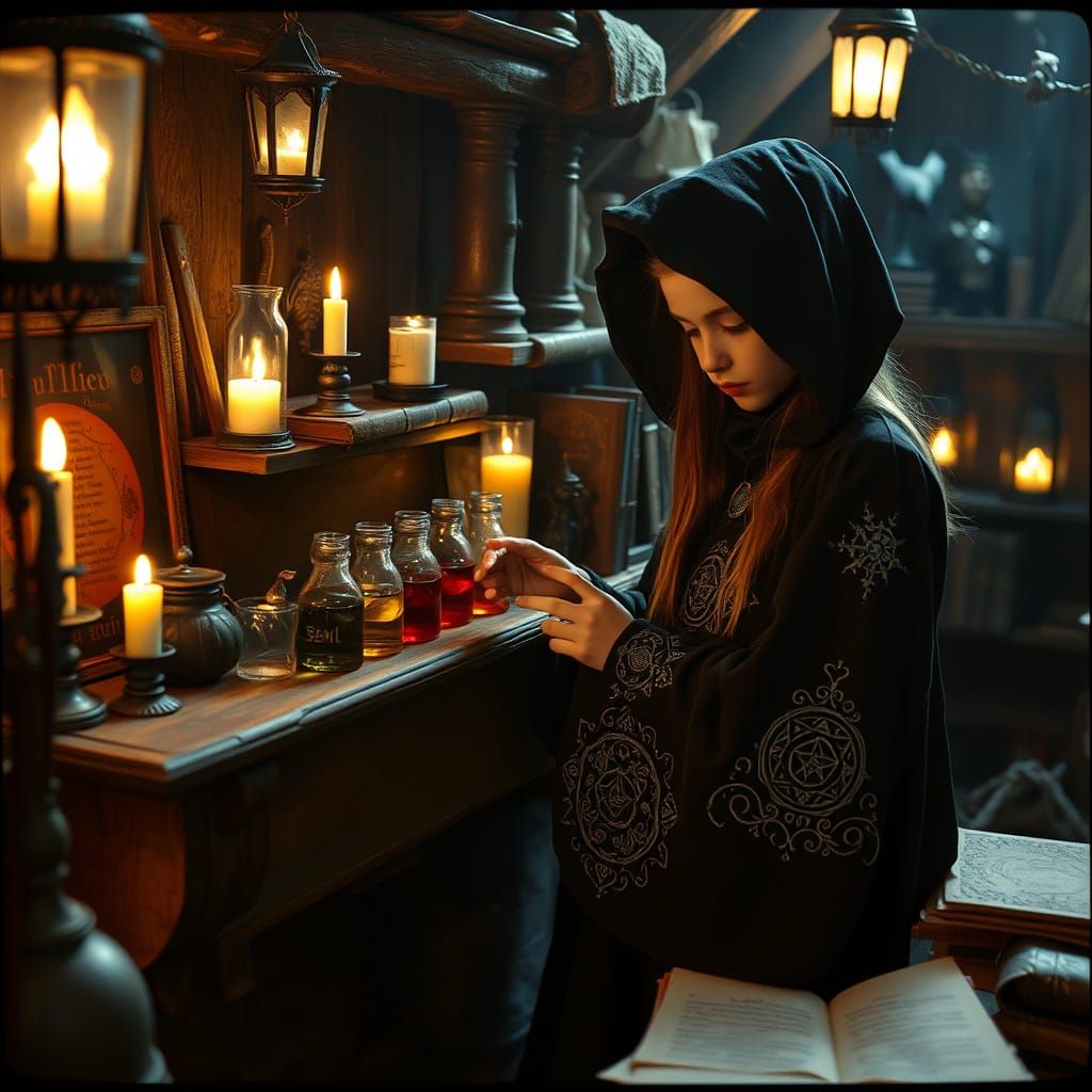 Witch's Apprentice Prepares Mystical Potions in En... - AI Art