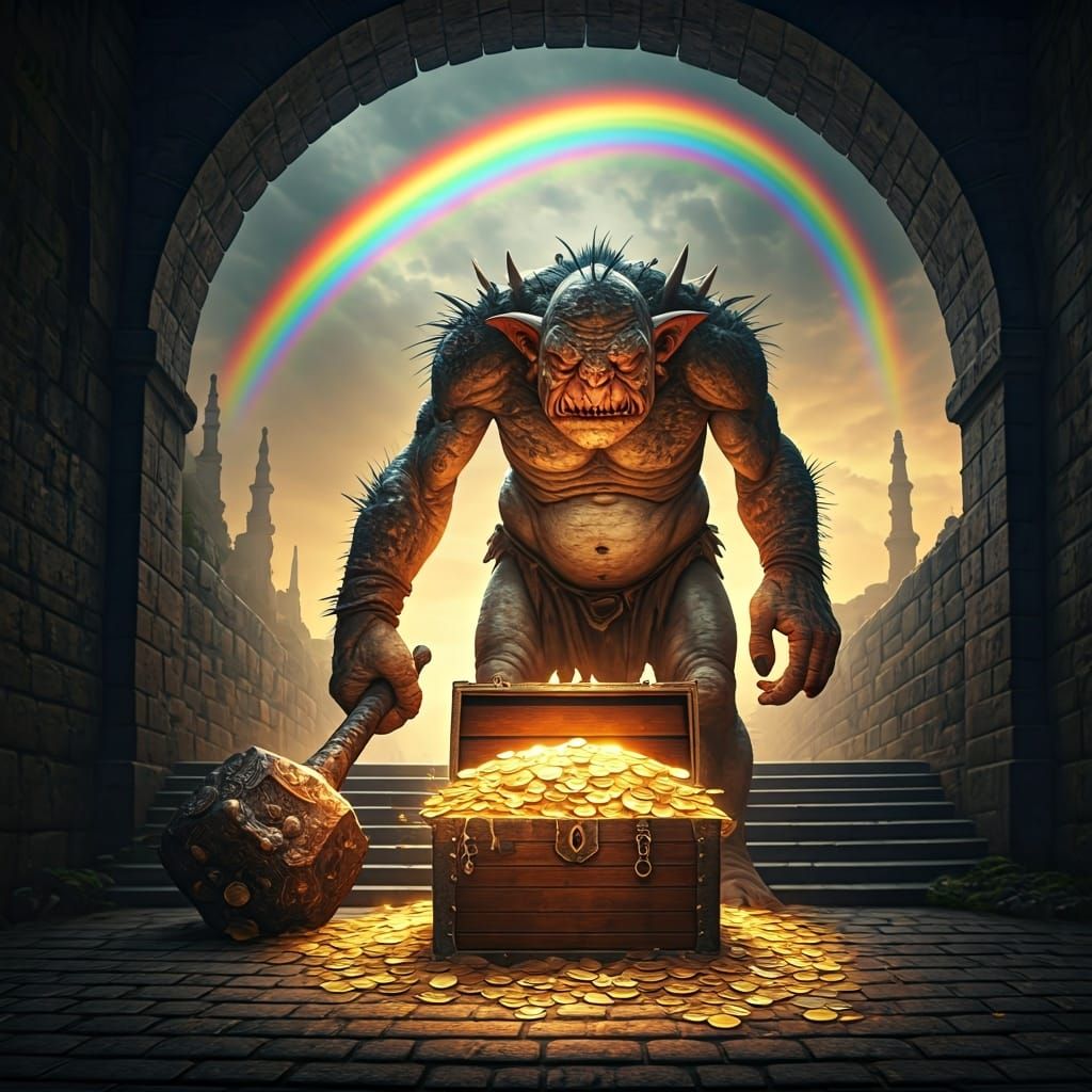 Under the rainbow - Grotesque Troll Guarding Gold Under a Ra...