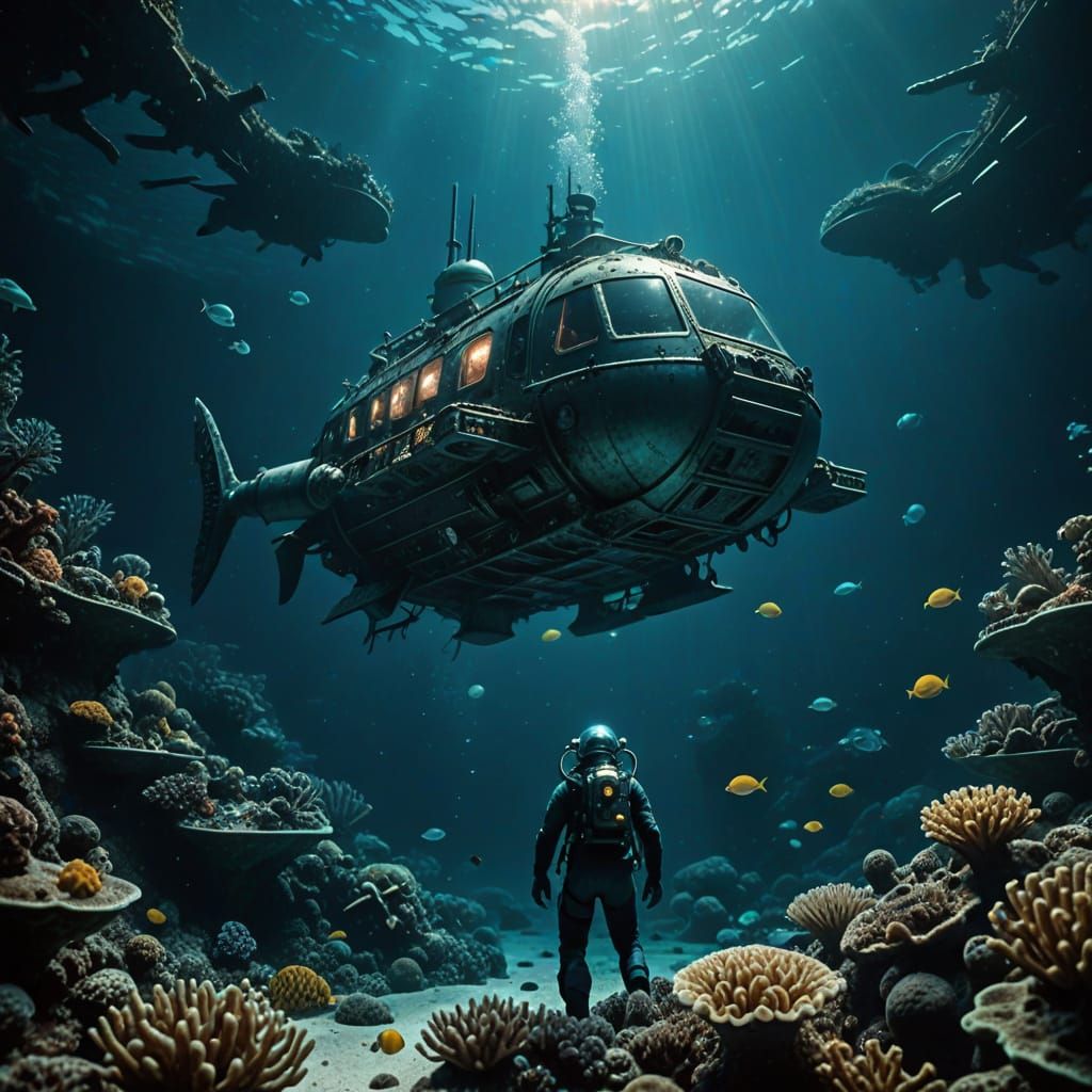 Underwater scene. An aquanaut explores a sunken spaceship, now teeming ...