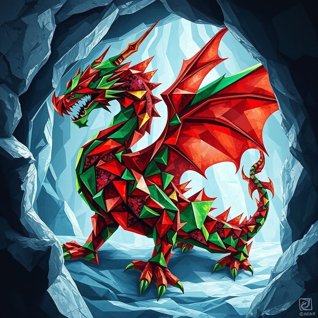 Mosaic dragon - Fractured Glass Dragon in Cubist Art Deco St...