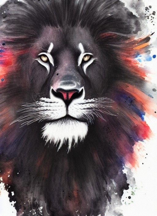 black lion, full body portrait, cinematic, watercolor painting ...