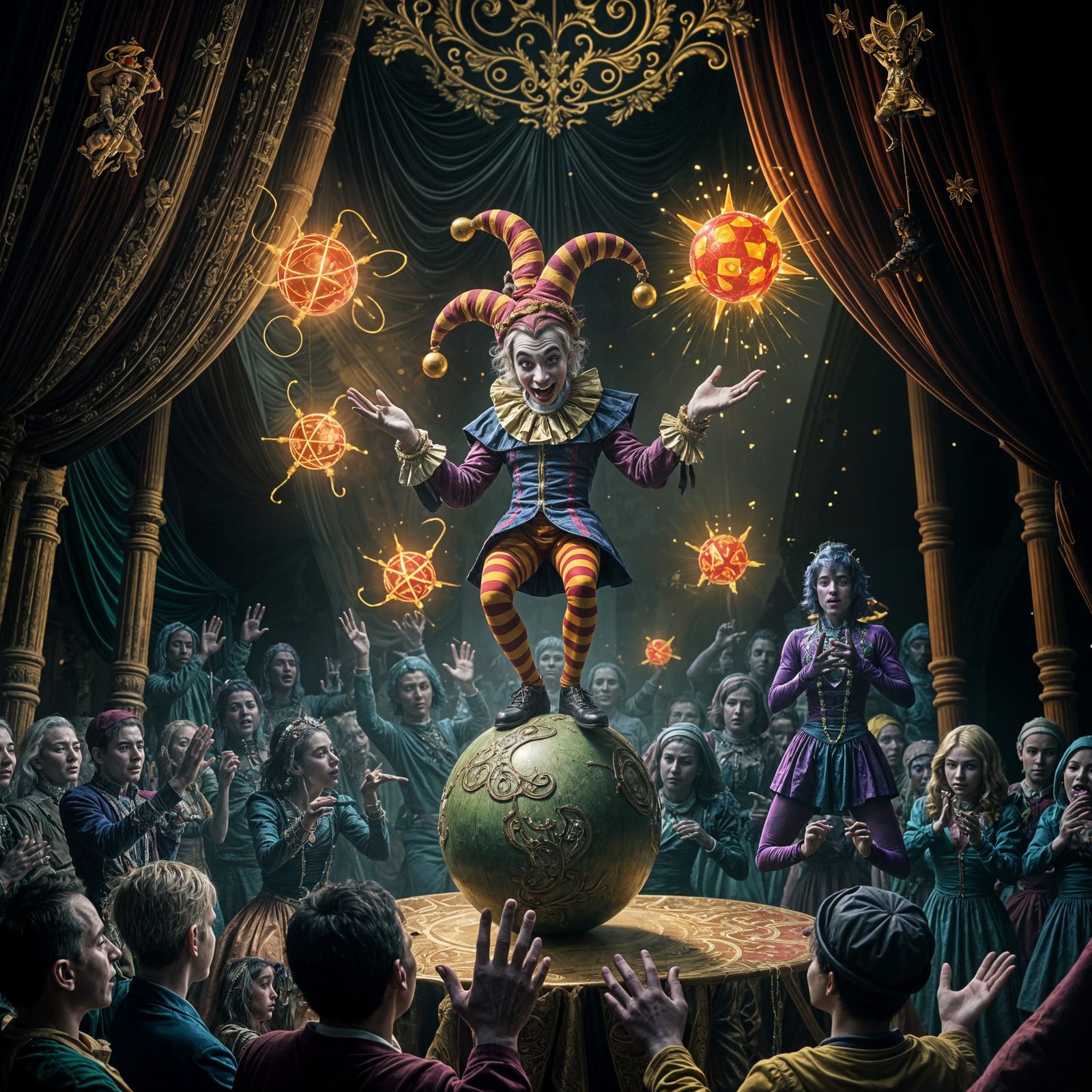A vibrant and surreal scene featuring a mischievous jester as the ...