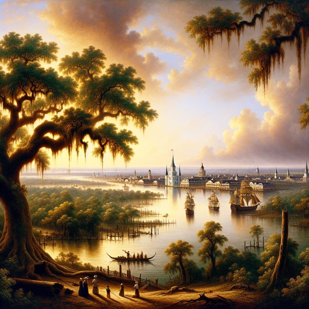 a sweeping, majestic scene of New Orleans during the 1800s