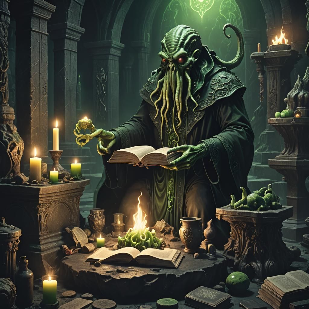 Cthulhu in Dark Sorcerous Laboratory - AI Art