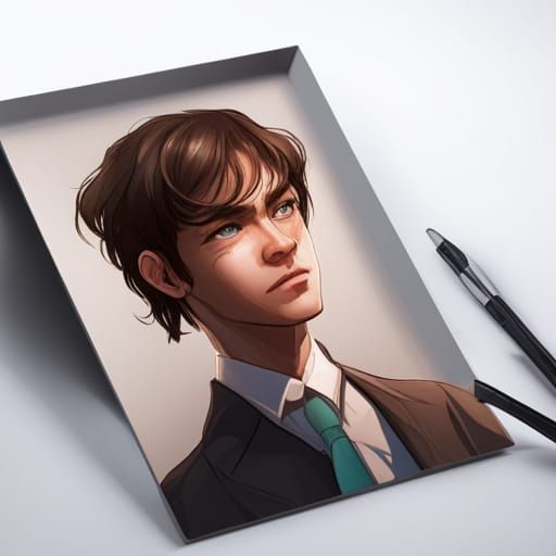 A teenage young country boy with brown rustic hair and a dumb smile ...