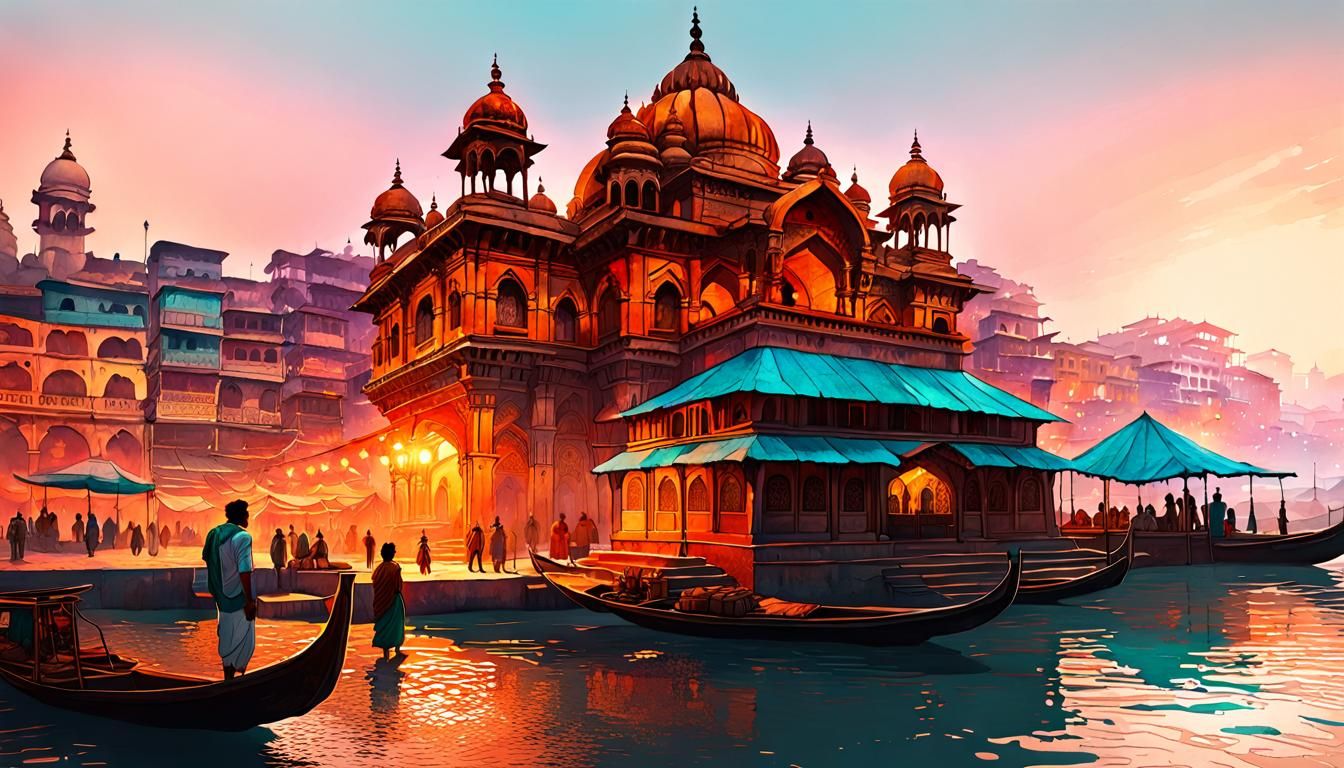 Banaras ghat atsunset - AI Generated Artwork - NightCafe Creator