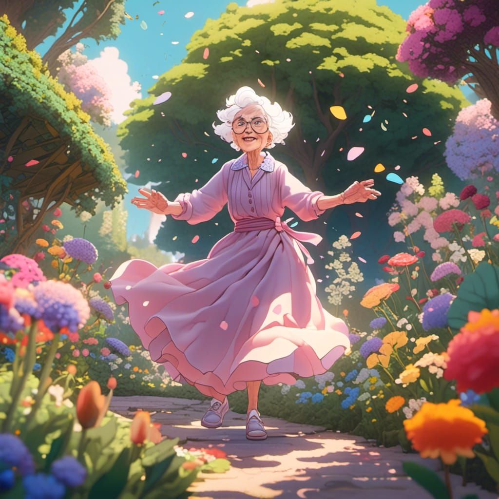 2d cartoon illustration of old healthy granny Nana out in her garden ...