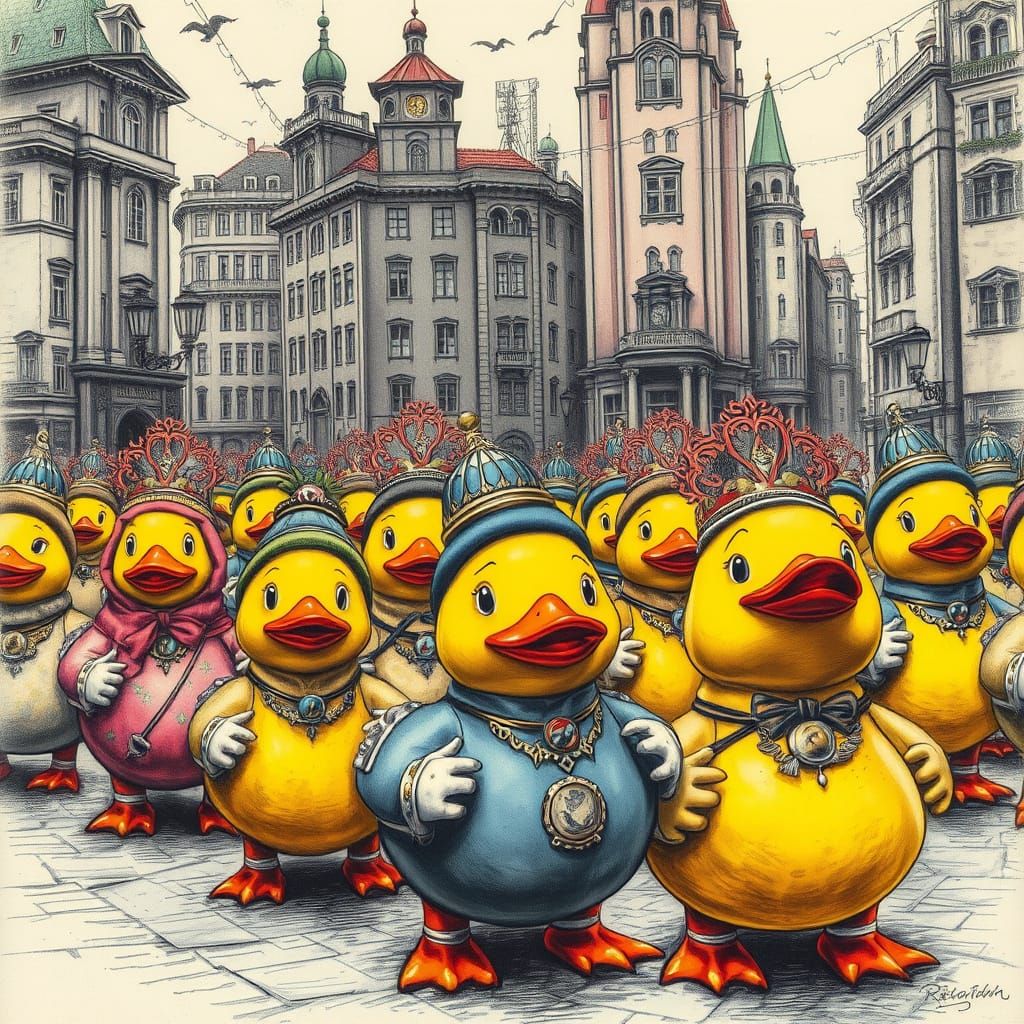 Vibrant Rubber Duck Parade in Whimsical Cityscape - AI Art