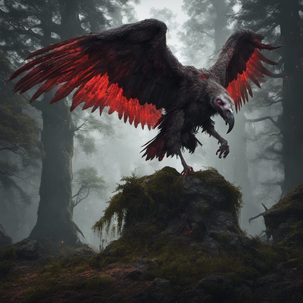 vulture monster, 10 foot tall anthropomorphic, dark forest setting ...