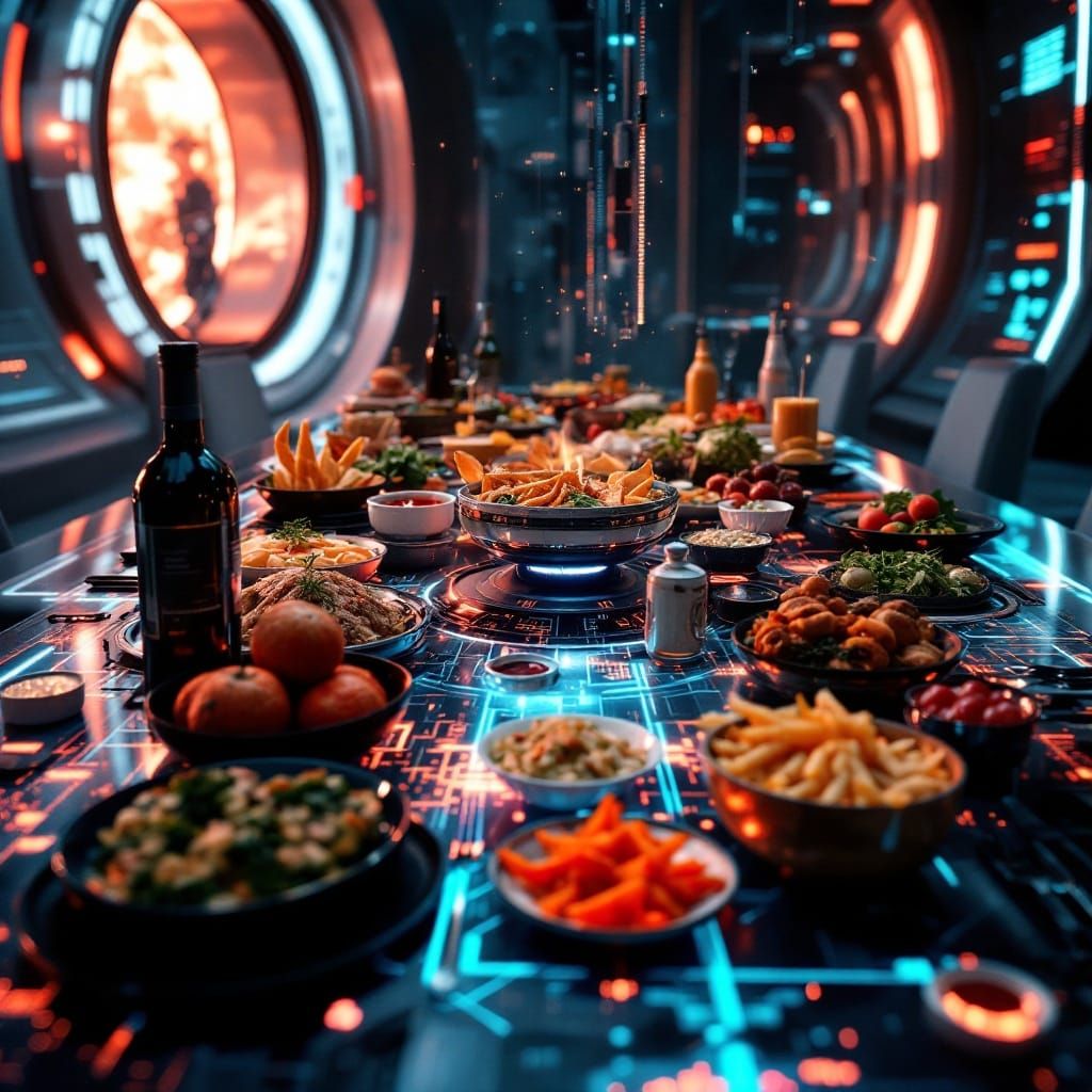 Surreal Futuristic Dinner Table Scene in Cyberpunk... - AI Art