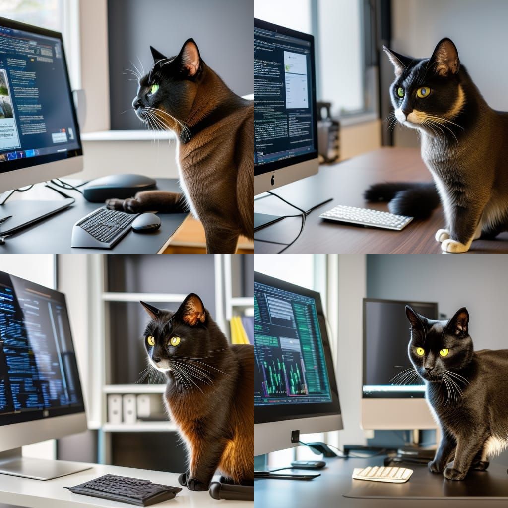 Beautiful black cat working in front of a computer in an office - AI ...