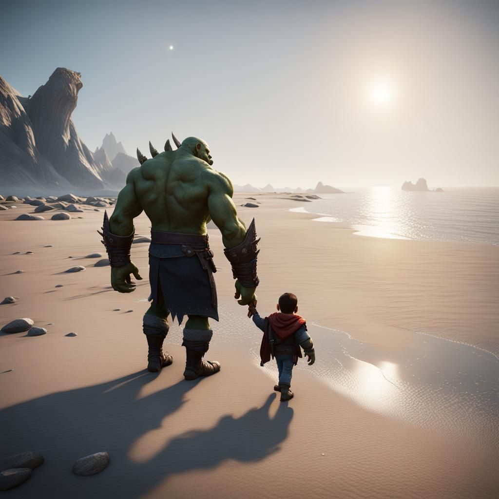 Small child and an orc walk on a beach while holding hands Unreal ...