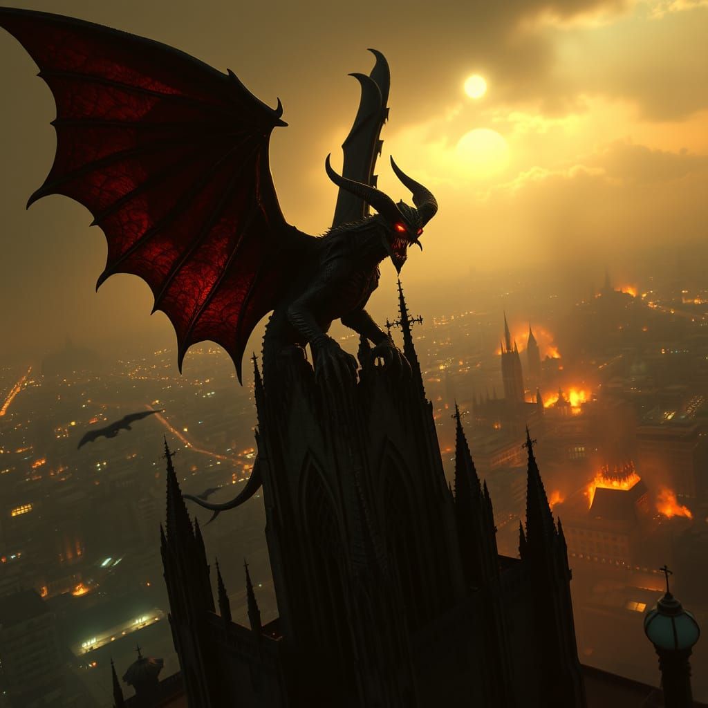 Ethereal Demon Reigns Over a Burning Metropolis in... - AI Art