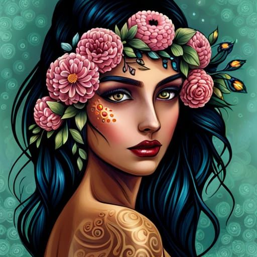 flower woman, detailed dark eyes & messy voluminous hair wearing skimpy ...