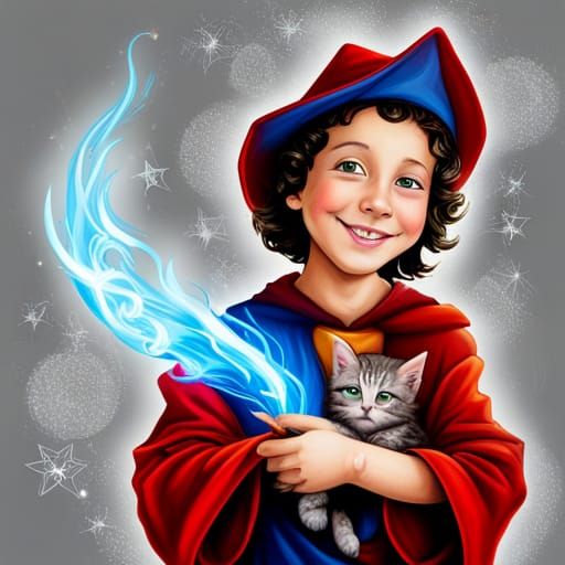 Smiling young wizard boy with kitten. friendly wizard boy wizard ...