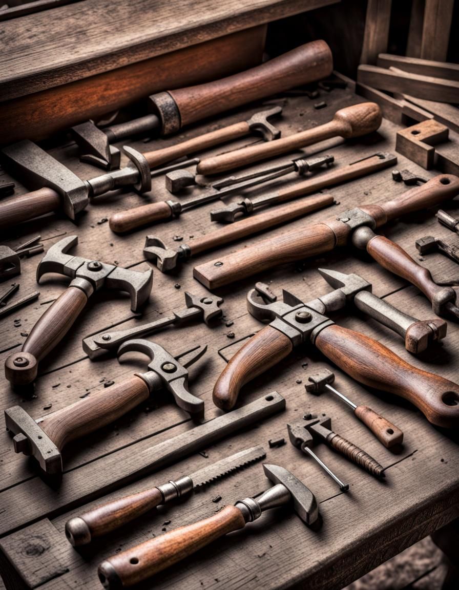 Old Antique Woodworking Hand Tools on a Dusty Bench - AI Generated ...