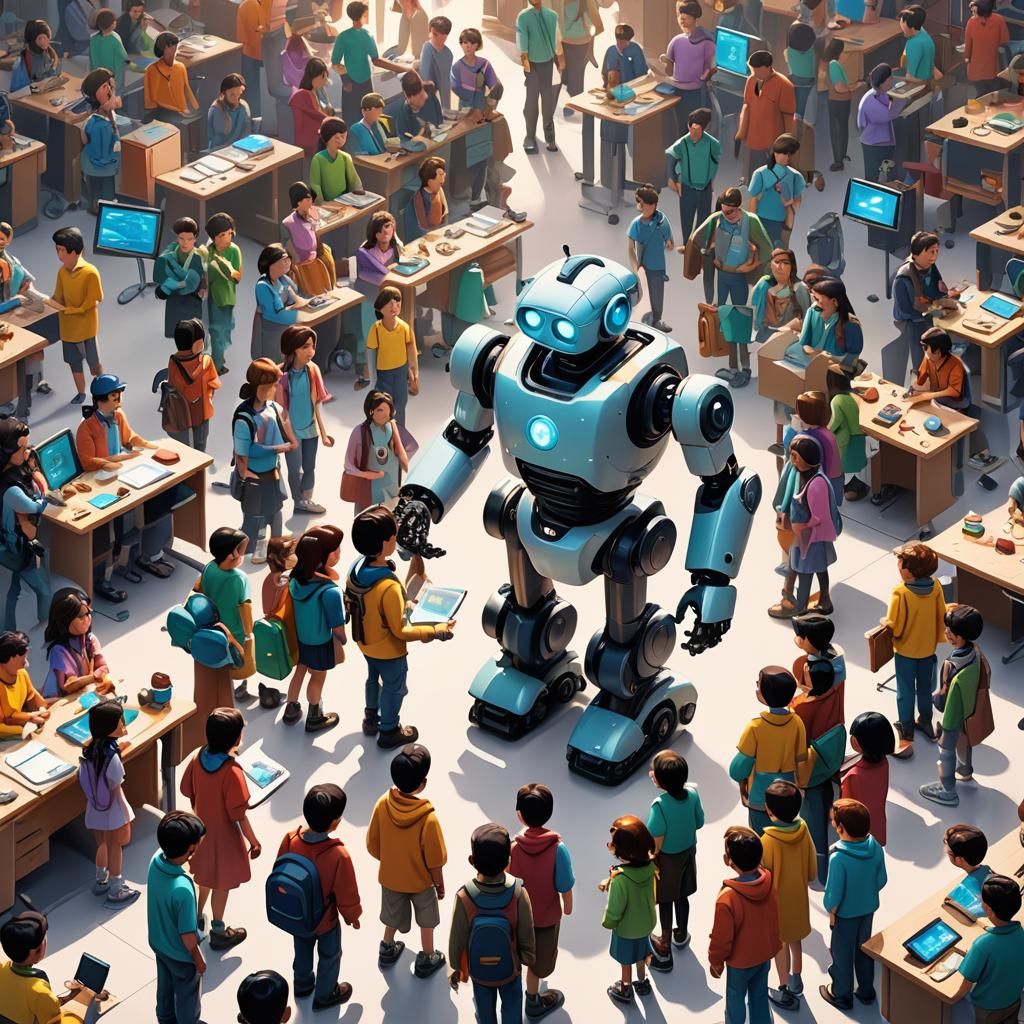 [Educational scene, robot AI instructing students], [Digital art ...