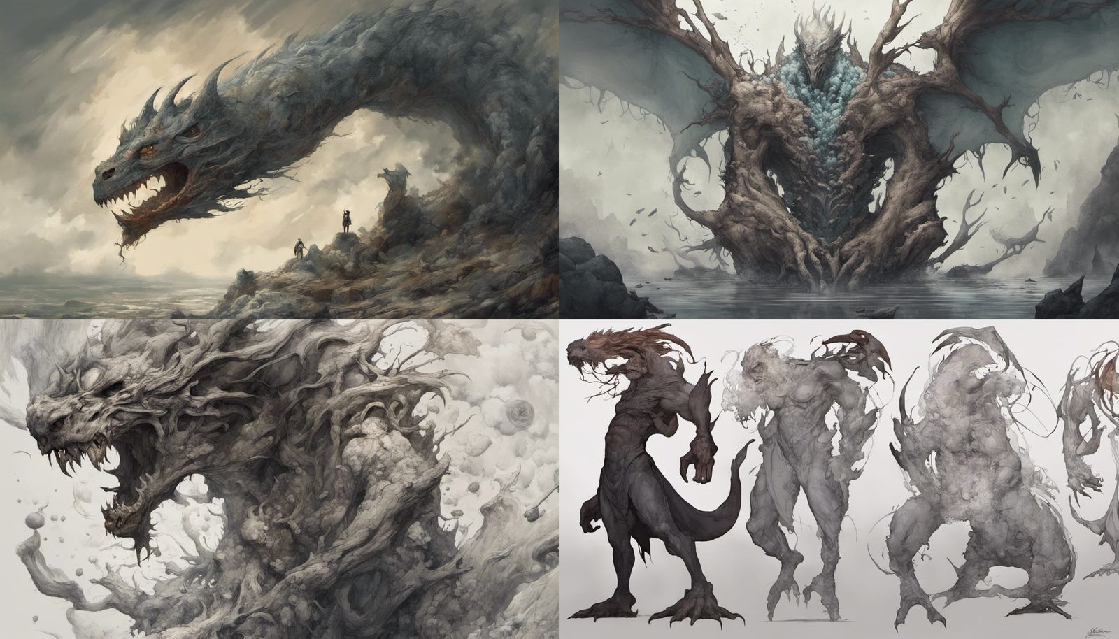 "Half Dragon Half Man, wilderness waterfall, rocky shore, great dragon ...